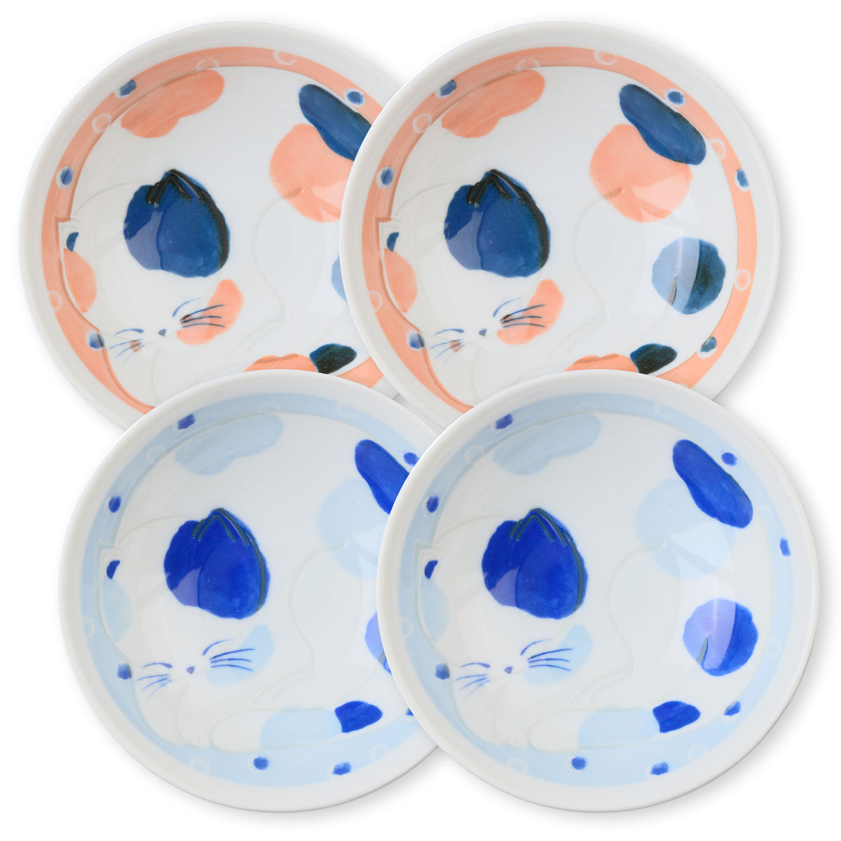 Shunmin Neko Cat Small Dessert Bowls Set of 4, Orange/Blue - 5 fl oz ...